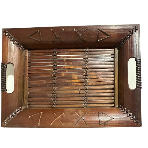 Accents | Bamboo Wood Rattan Two Handed Serving Tray Dark Corner Joint ...